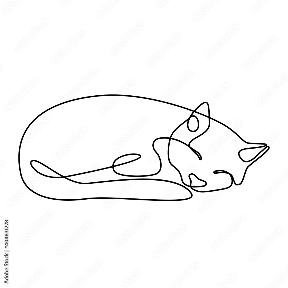 Sleeping Cat in continuous one line art style. Cat with curled tail ...