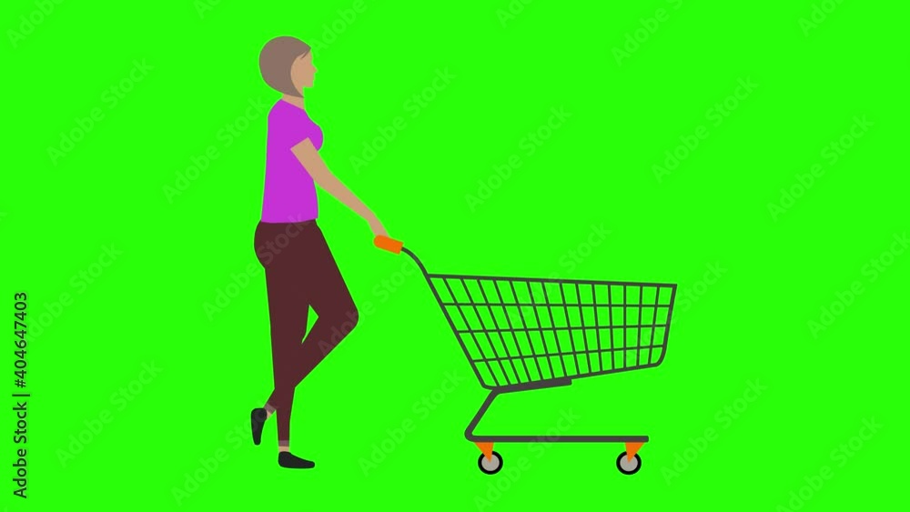 Women walking cycle seamless loop ,pulling the shopping cart, green ...