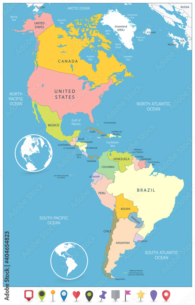 North and South America Political Map and Flat Map Markers Stock Vector ...