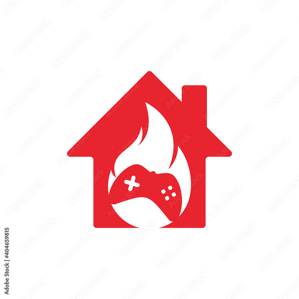 Gaming fire home shape concept logo icon designs vector. game pad with ...