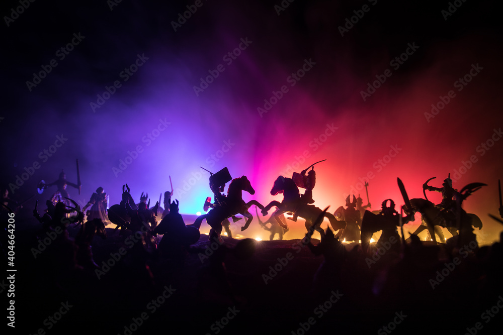 Medieval battle scene with cavalry and infantry. Silhouettes of figures ...