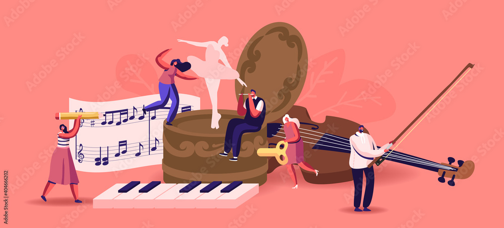 Tiny Male Female Characters Playing Musical Instruments around Huge ...