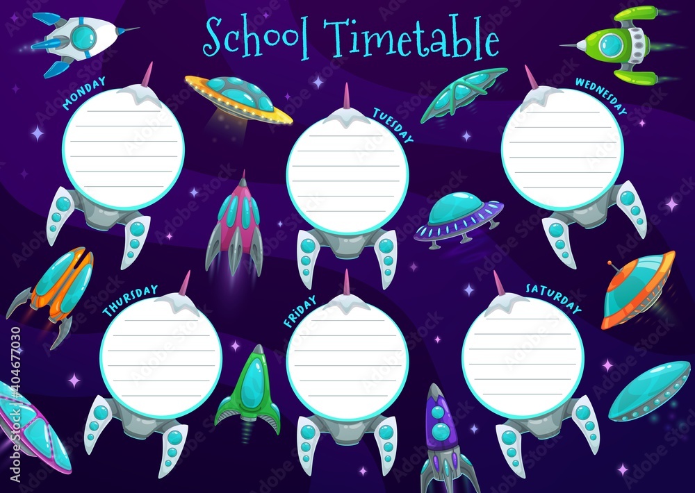School timetable schedule with spaceships, vector template. Education ...