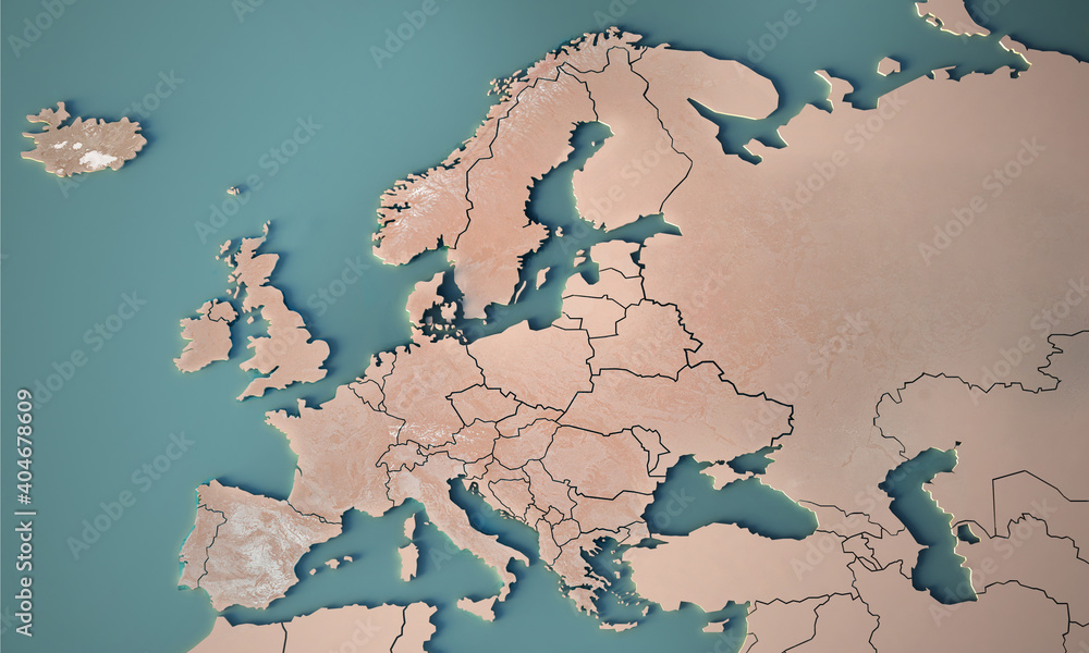 Continental map of Europe. Topography 3d render world map. ilustração ...