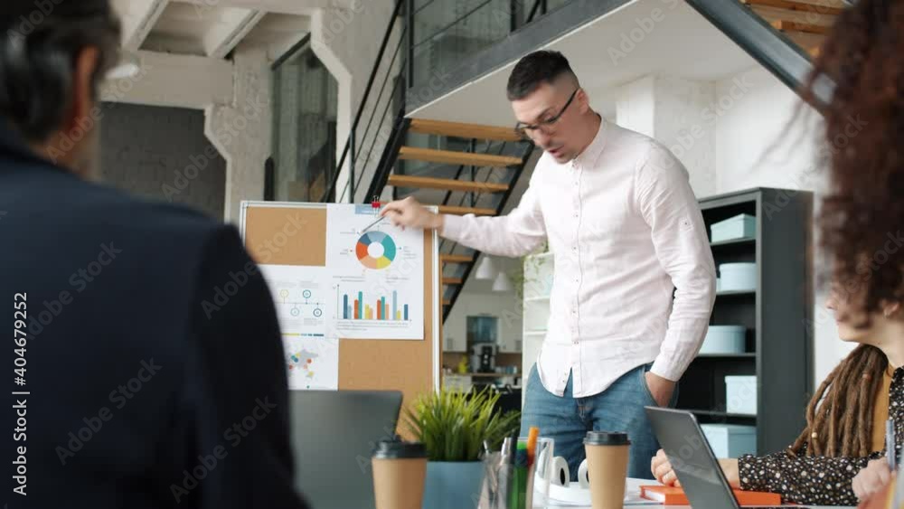 Angry businessman is screaming pointing at board with data blaming ...
