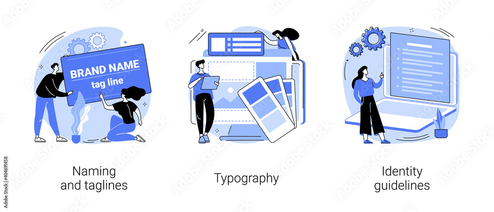 Brand identity abstract concept vector illustration set. Naming and ...