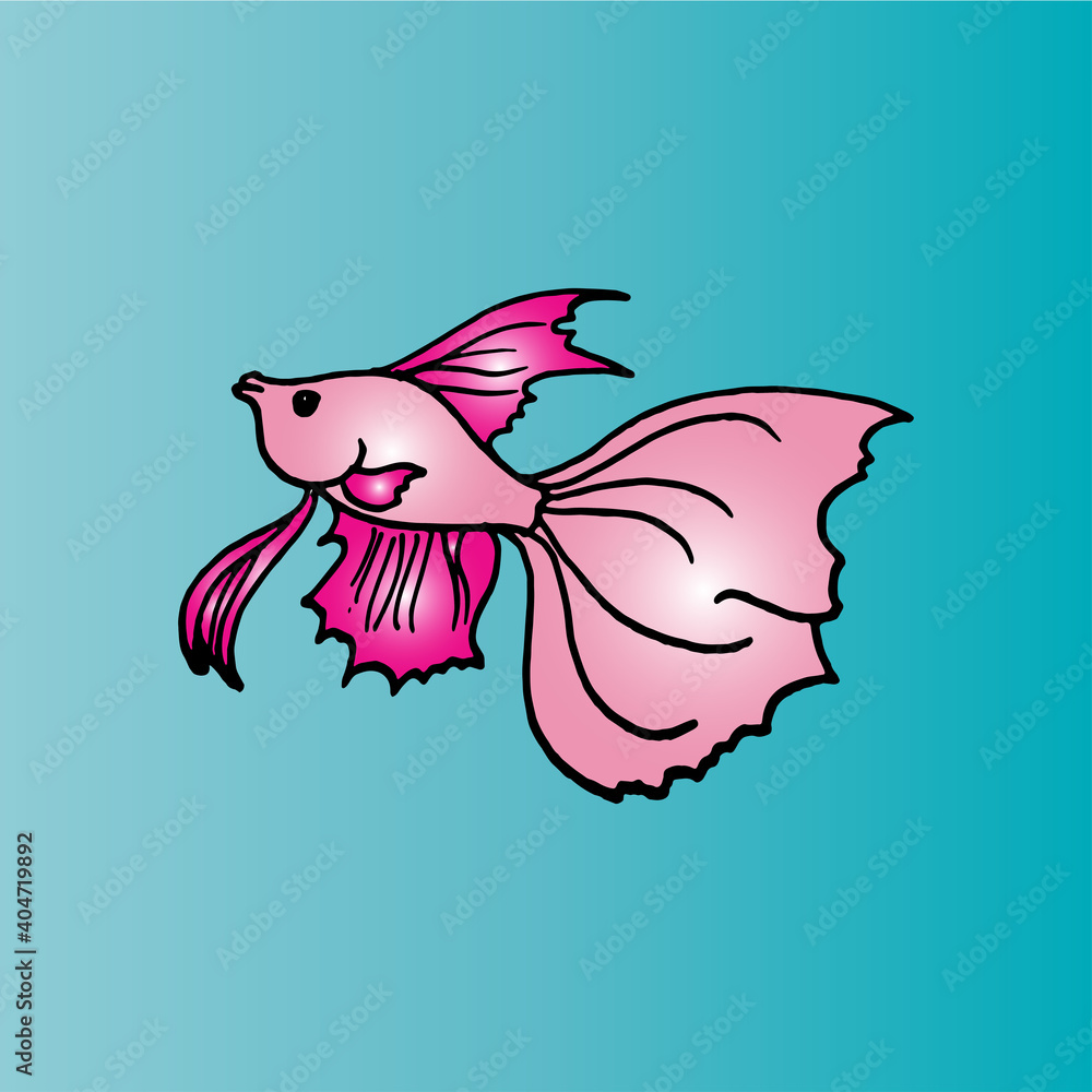 pink cute fish vector illustration on blue background. beautiful black ...
