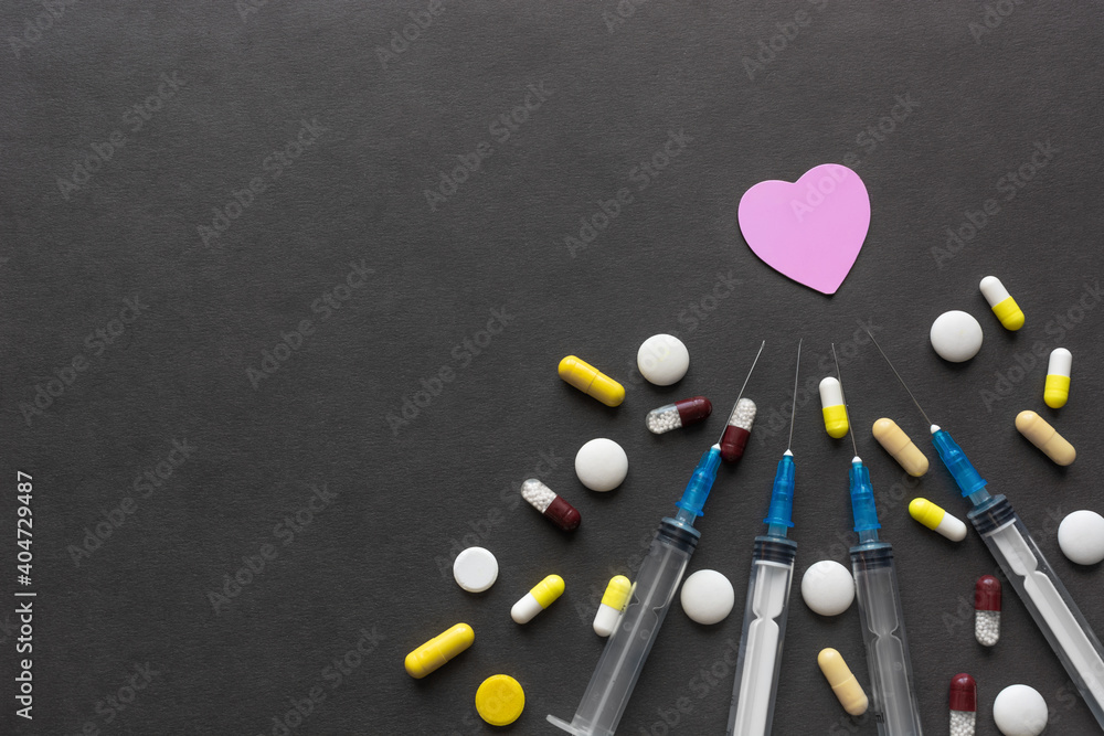 Heart treatment. Drugs harm to heart. Pink heart surrounded by many ...
