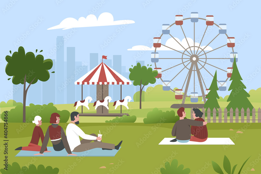 People in amusement park vector illustration. Cartoon young man woman ...