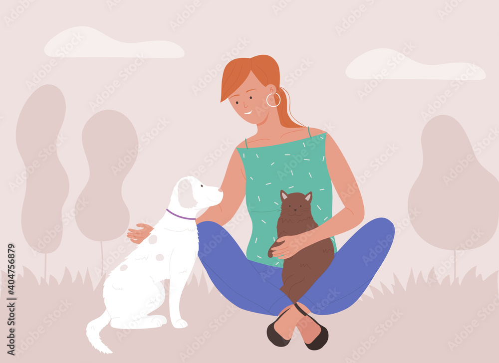 Woman spend time with pets vector illustration. Cartoon young happy pet ...