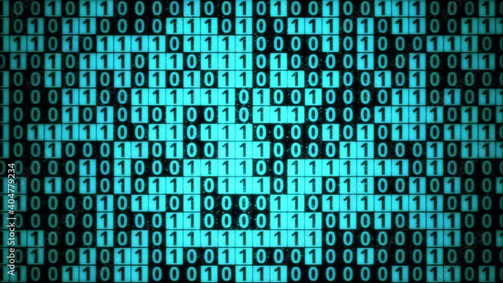 Blue digital binary code matrix on computer monitor display screen ...