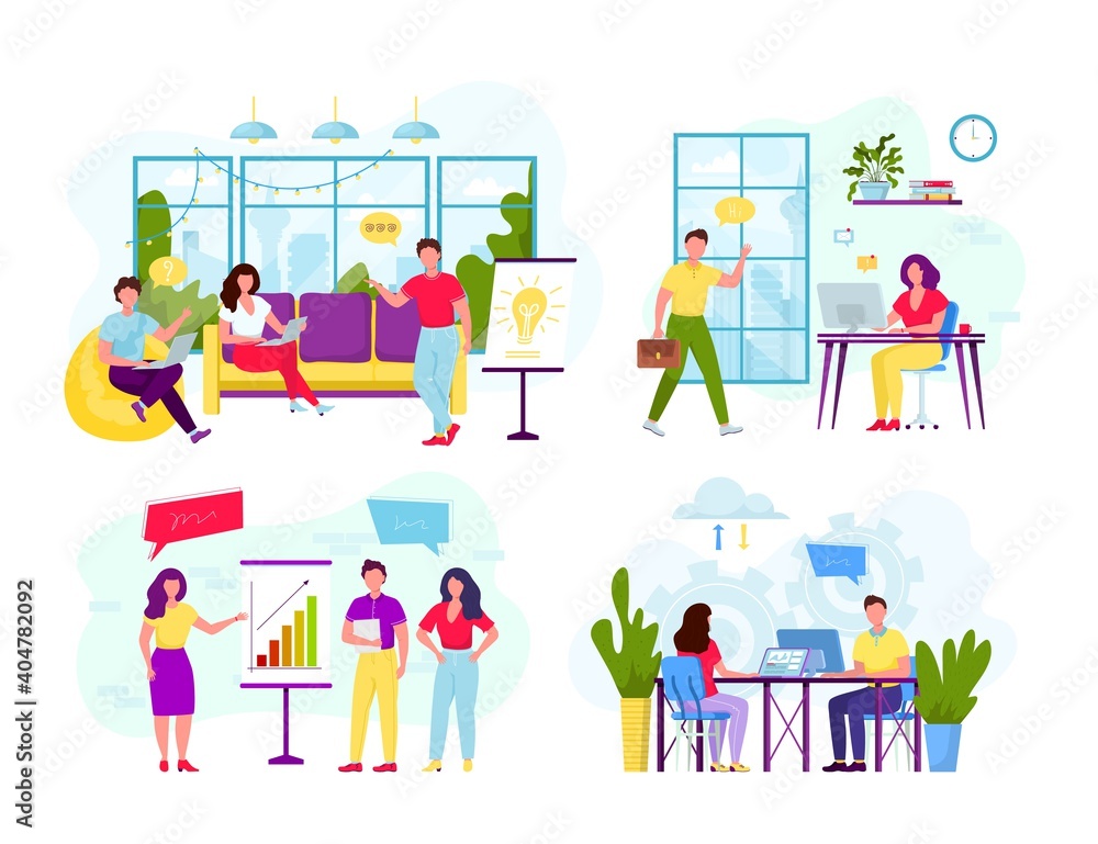 Collection of scenes with group of office workers or people working on ...