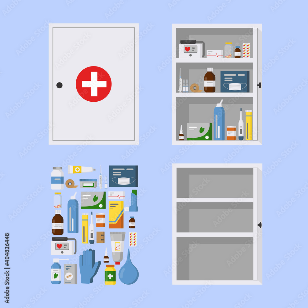 Vecteur Stock Medicine cabinet for safe medication storage with open ...