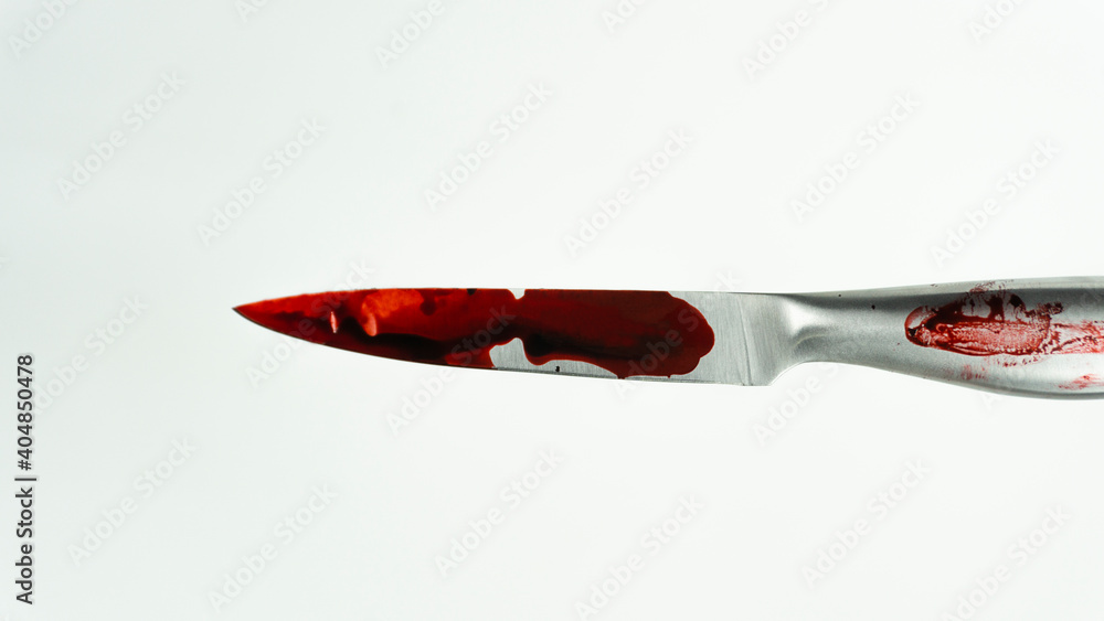 Closeup Stainless steel kitchen knife Blood isolated on white ...