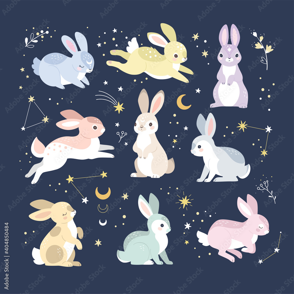 Moon Rabbits collection. Vector illustration of cute cartoon fairy ...