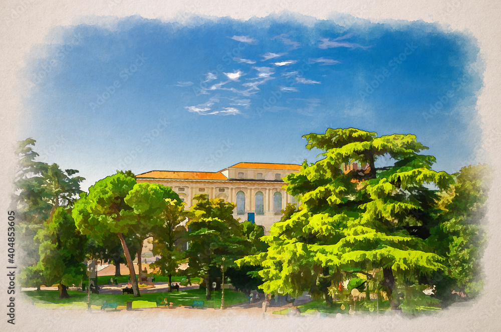 Watercolor drawing of Piazza Bra square in Verona city historical ...