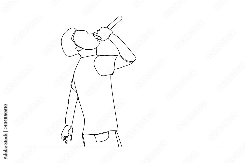 Vetor de Continuous line drawing of young happy male pop singer holding ...