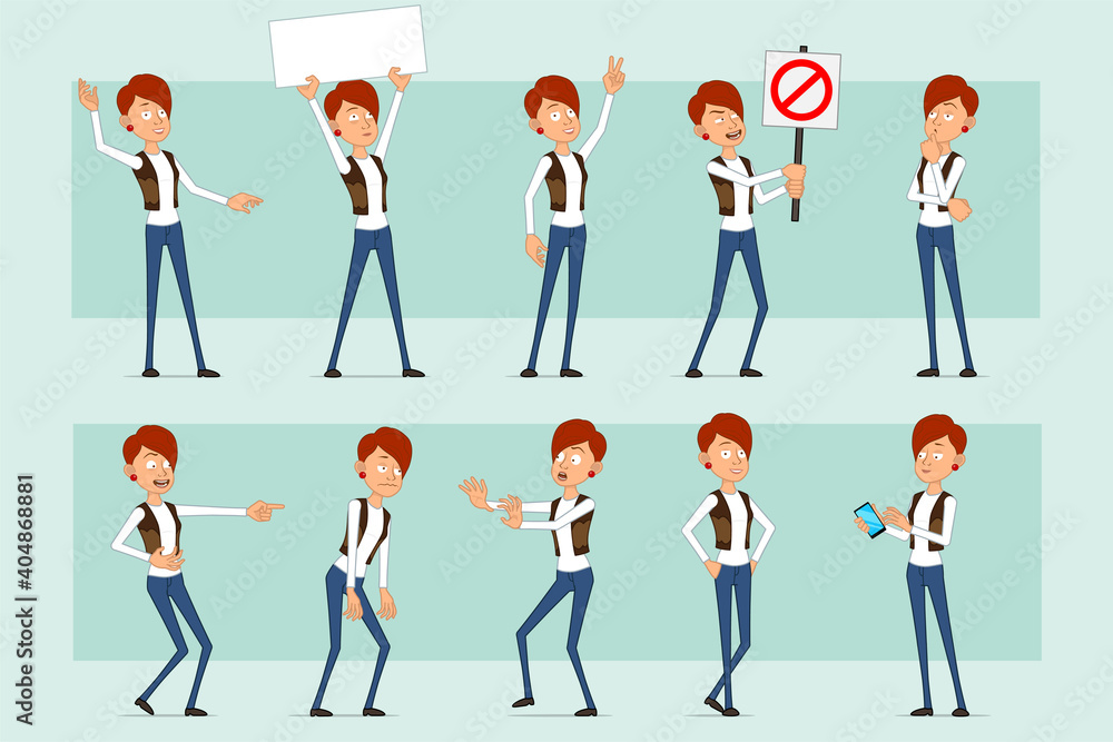 Cartoon flat funny redhead woman character in leather jacket and jeans ...