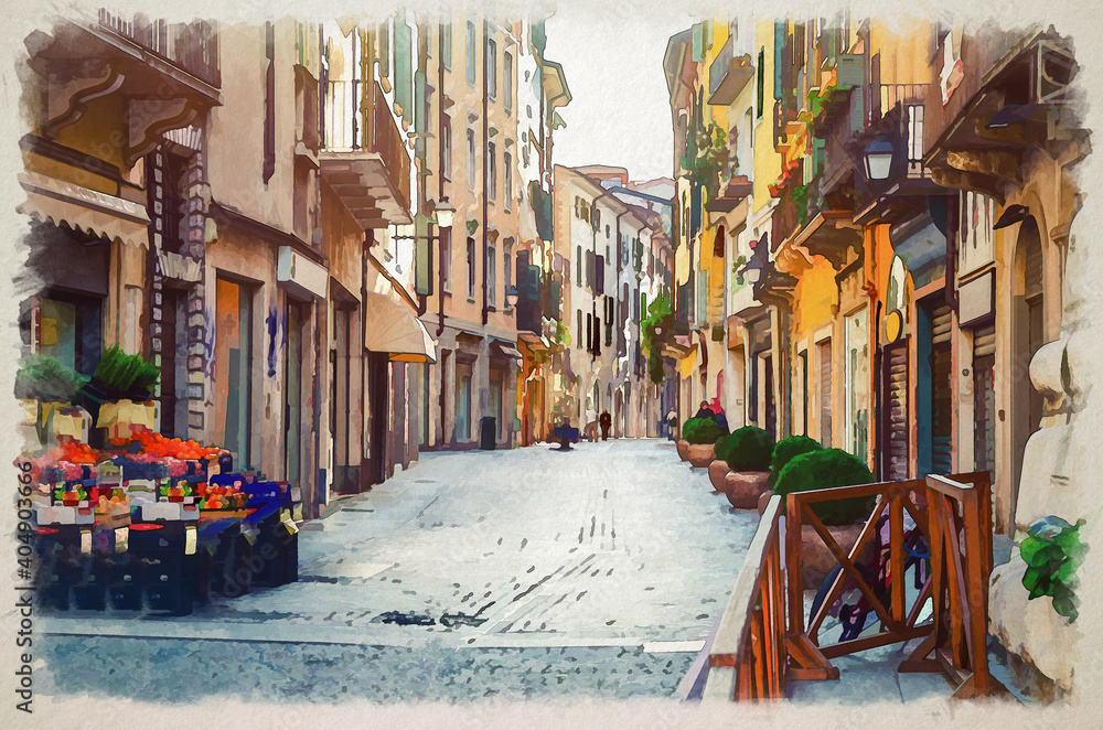 Watercolor drawing of Brescia Typical italian narrow street with ...