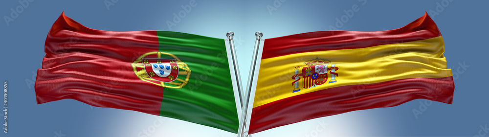 Double Flag Spain and Portugal flag waving flag with texture sky ...