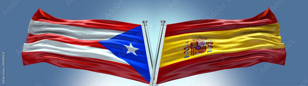 Double Flag Spain and Puerto Rico flag waving flag with texture sky ...