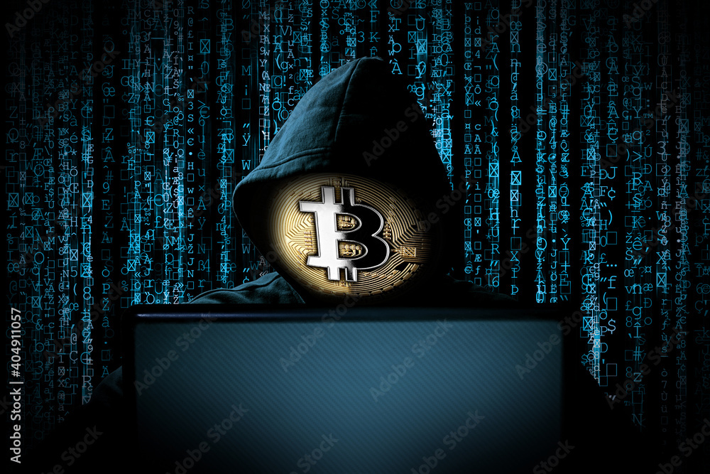 Hacker With Bitcoin Face Mask Behind Notebook Laptop Front Of Blue Source Binary Code Background 6822