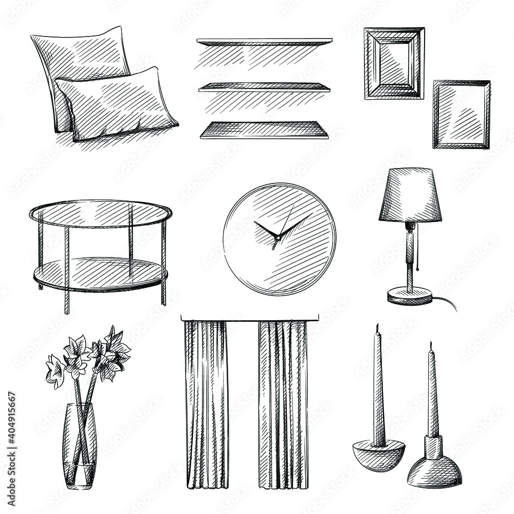 Hand drawn sketch set of Interior design elements. Floor lamp, pillows ...