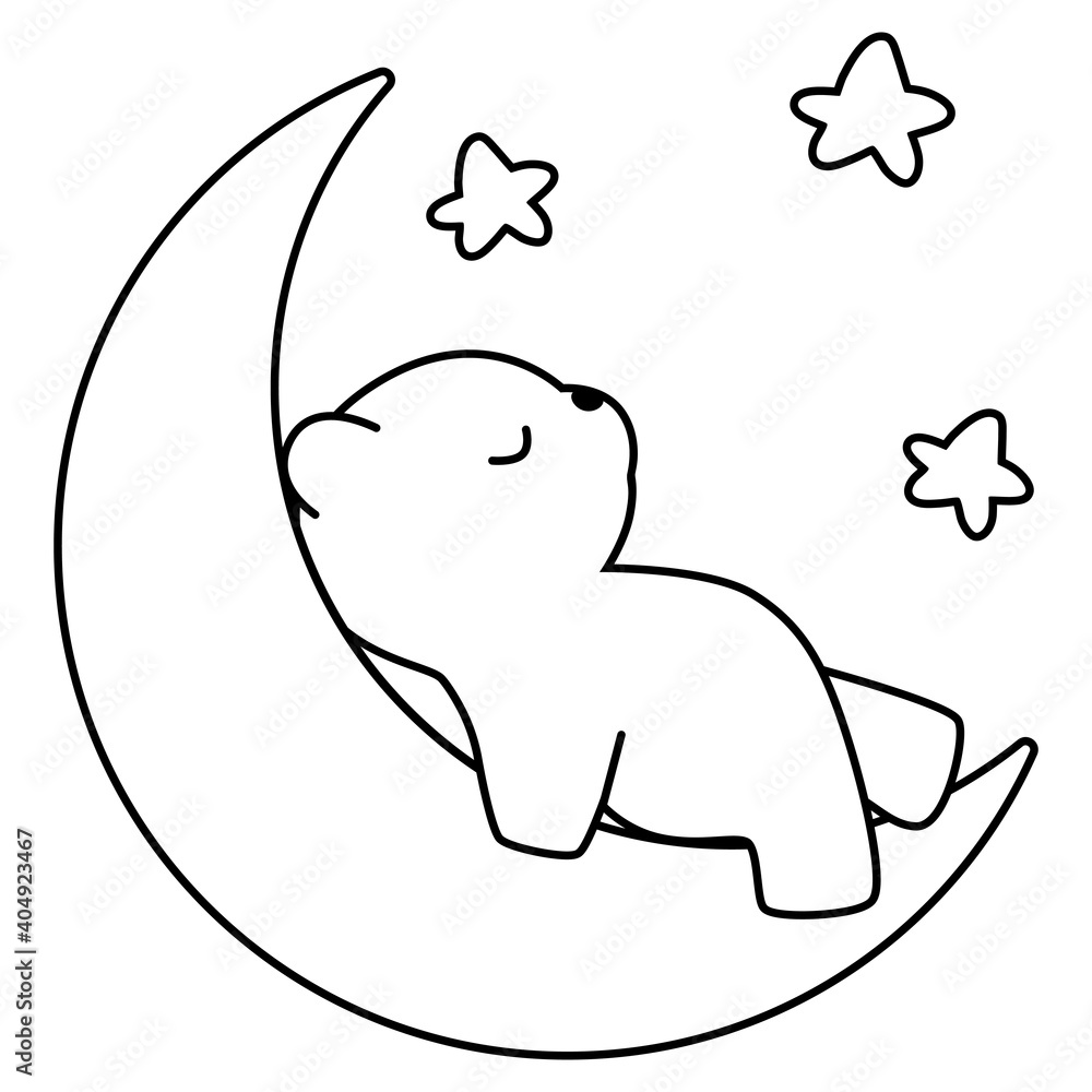Black line art bear sleeping on the moon isolated on white background ...