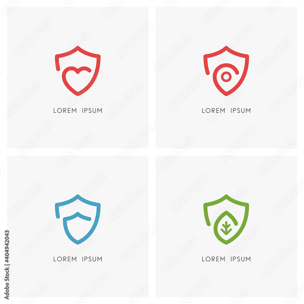 Protection outline logo set. Shield, heart, address pointer and green ...