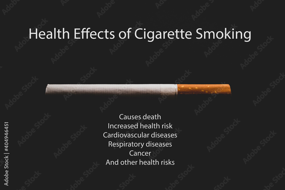 Cigarette on a dark background and text on the health effects of ...