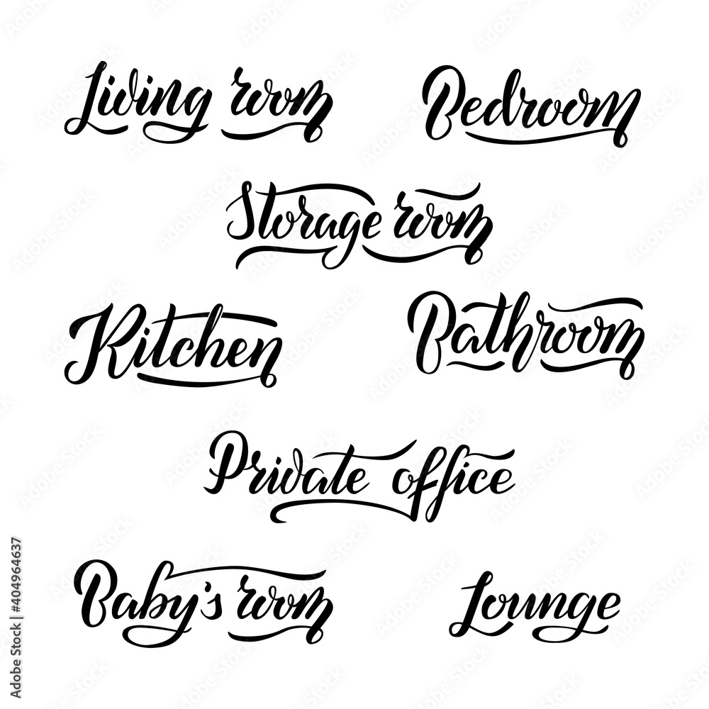 Vector illustration of names of rooms handwritten black lettering for ...