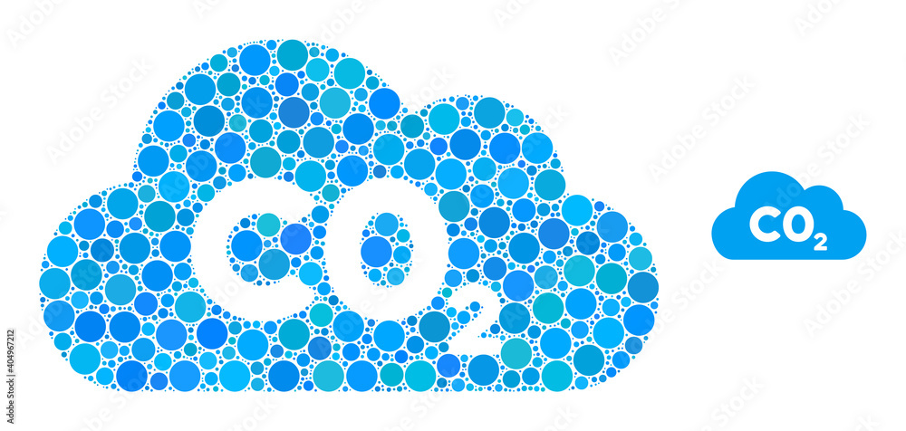 CO2 gas cloud mosaic of round pixels in variable sizes and color tinges ...