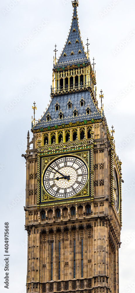 A vertical view of Big Ben clock tower at the north end of the Palace ...