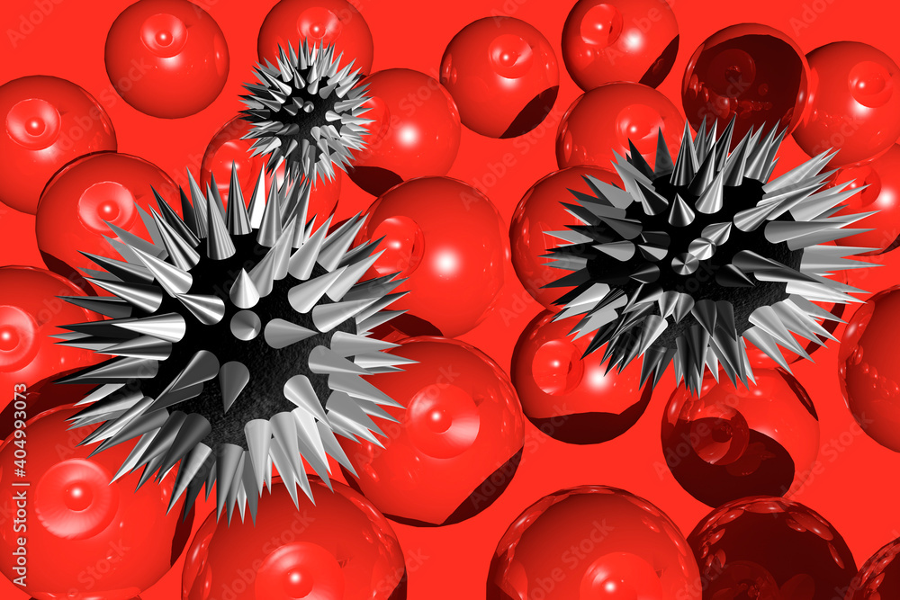 Black spheres crowned with silver spines navigating between red blood ...