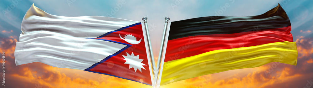 Double Flag Germany and Nepal flag waving flag with texture sky ...