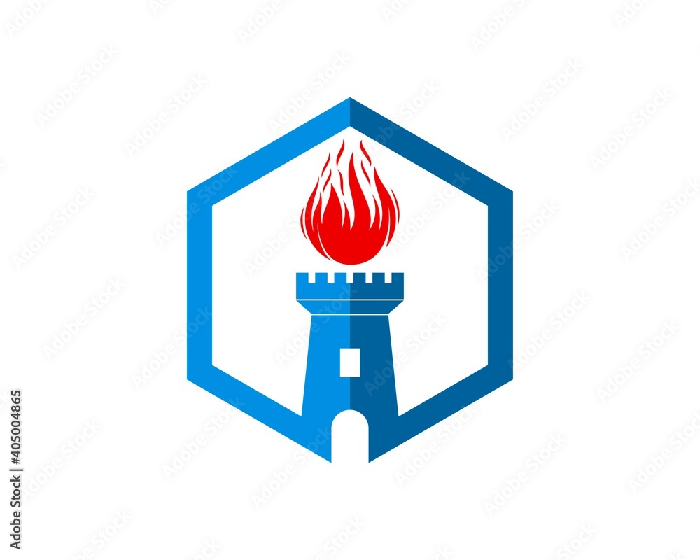 Hexagonal shape with fortress and fire inside Stock Vector | Adobe Stock