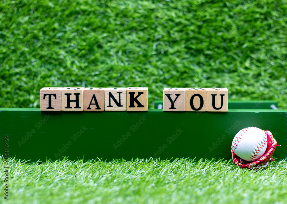Baseball with word THANK YOU are on green grass background Stock Photo ...