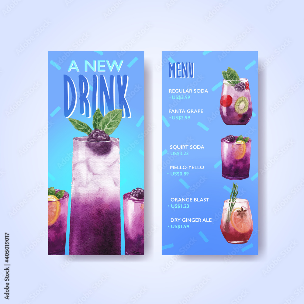 Soda drink menu leaflet and brochure watercolor vector illustration ...