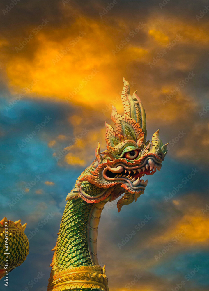 Naga Head the King of Sneak Serpent Statue with colorful sky background ...