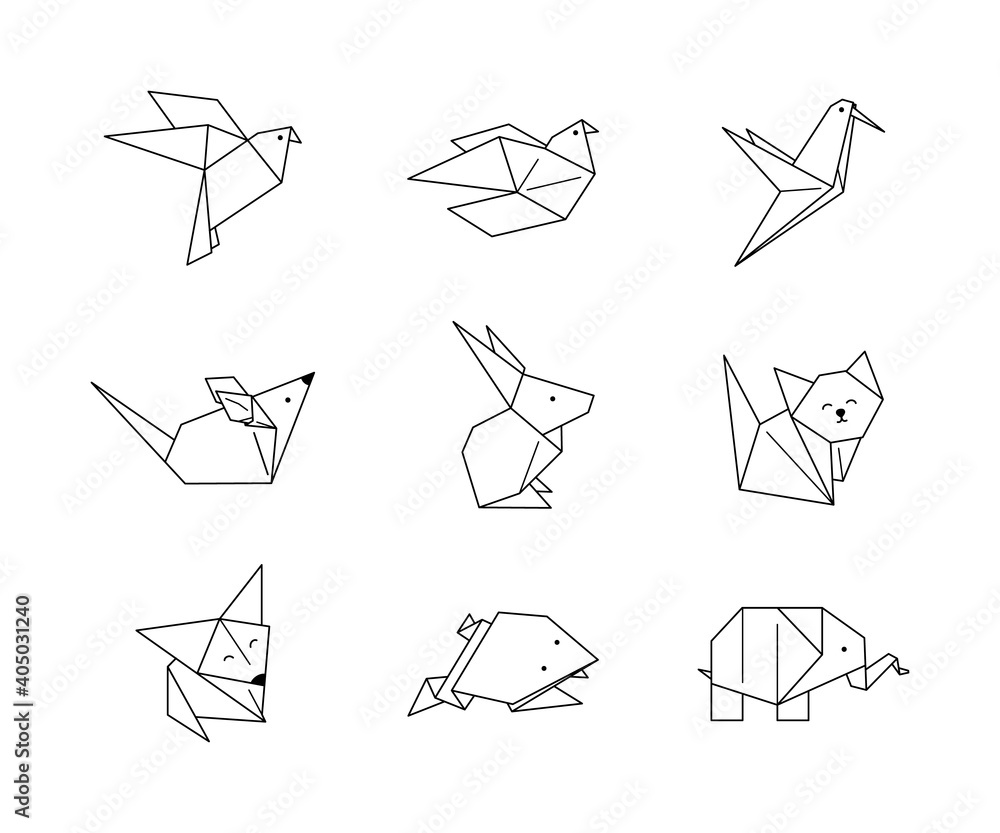 Origami Animals Icons Set in a Trendy minimalist Linear Style. Folded ...