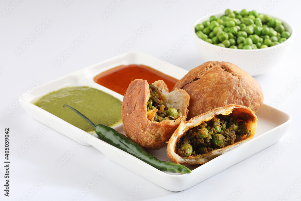 Indian special traditional matar or green peas Kachori served with thot ...