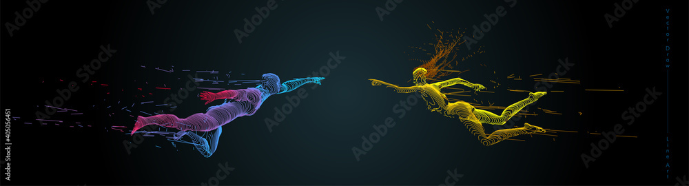 Sport concept of a flying people. Vector drawn by color lines Stock ...