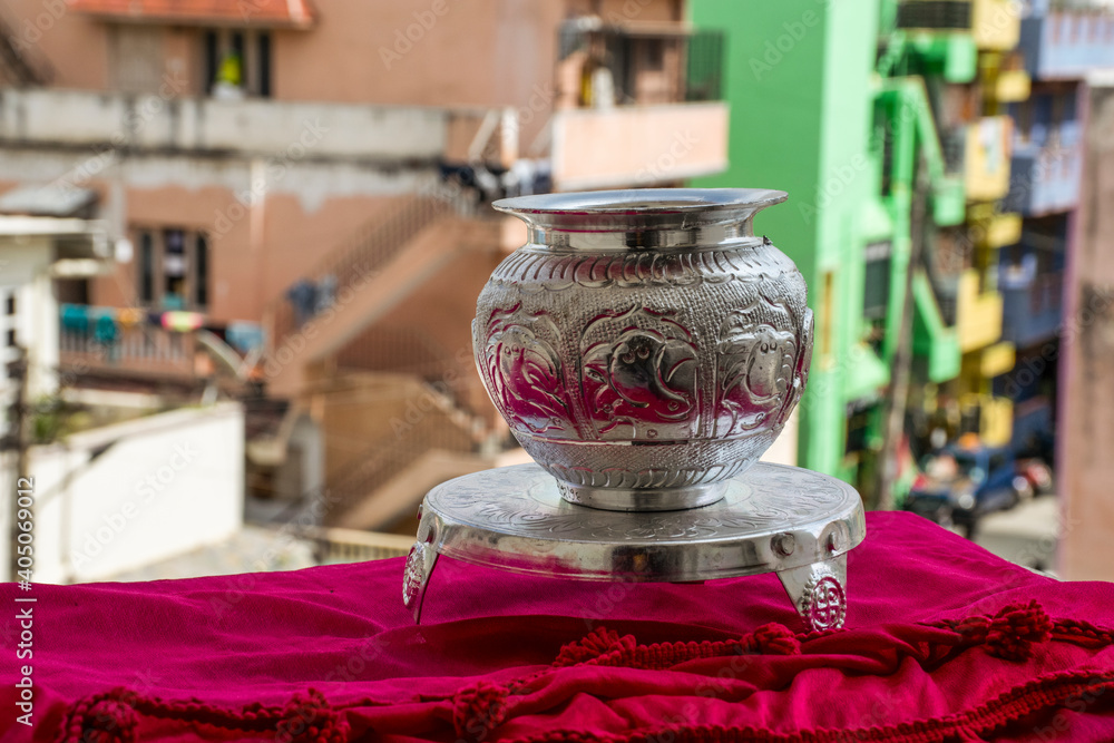 Beautiful carved silver pot or kalash and stand used in hindu rituals ...