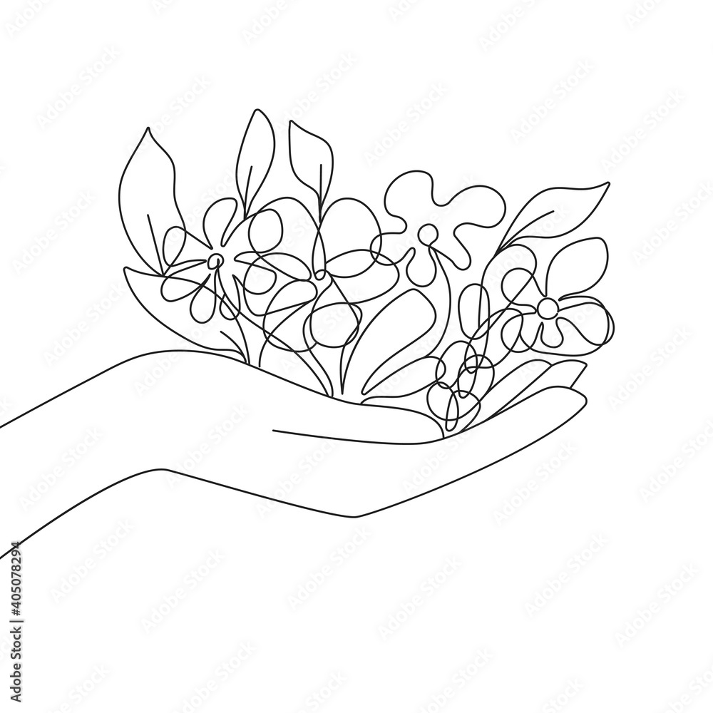 Ecology Concept Hand With Flowers One Line Drawing Continuous Line
