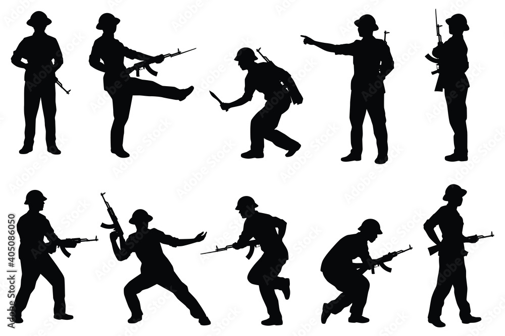 Set of Vietcong soldier with rifle gun in Vietnam war silhouette vector ...