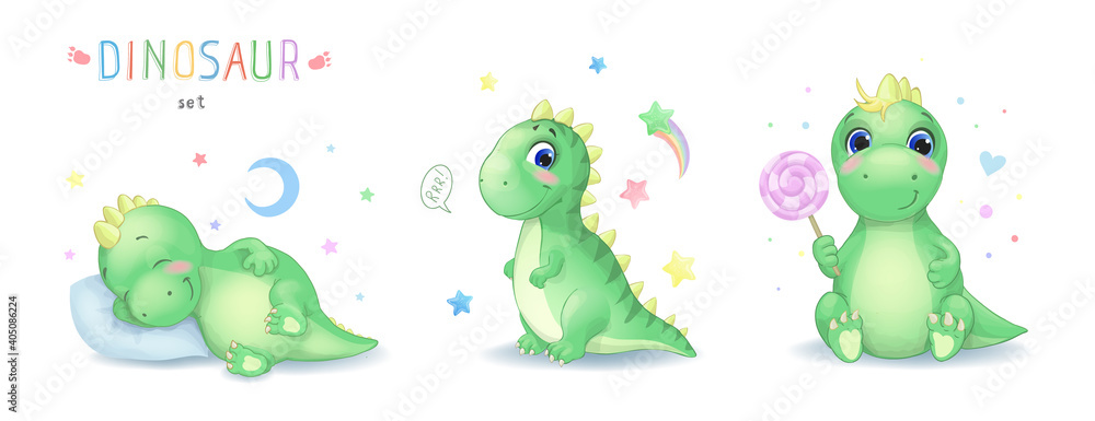 Vector illustration of cartoon cute dinosaur character set. Sleepping ...