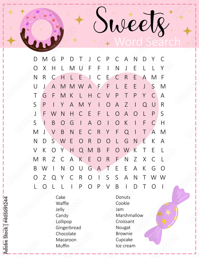 Vecteur Stock Sweets word search puzzle. Educational game for kids and ...