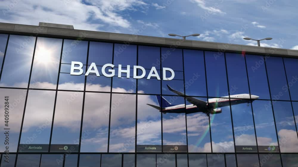 Jet aircraft landing at Baghdad, Iraq 3D rendering animation. Arrival ...