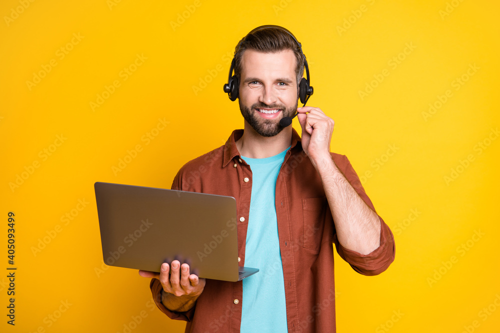 Photo portrait of agent talking smiling call in earphones with ...