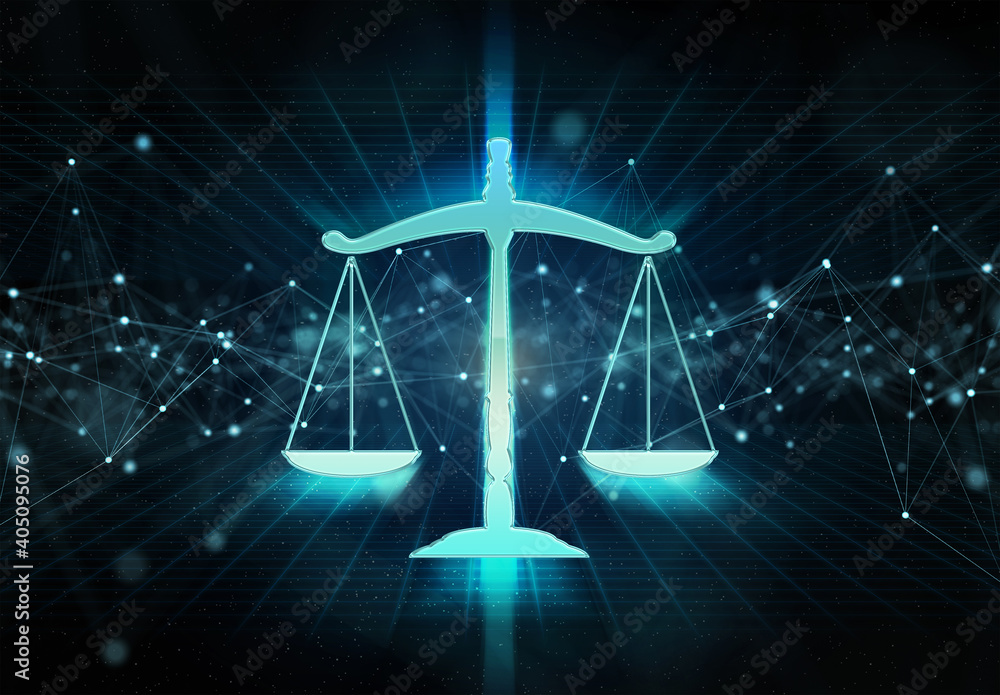 Digital law holographic icon bursting into blue and green neon light 3D ...